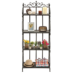MyGift Black Metal Freestanding Shelf Rack, Decorative Bakers Rack Bookshelf Storage Shelf Unit with Metal Scrollwork Frame, Indoor Plant Pot Display Stand with 4 Wood Shelves