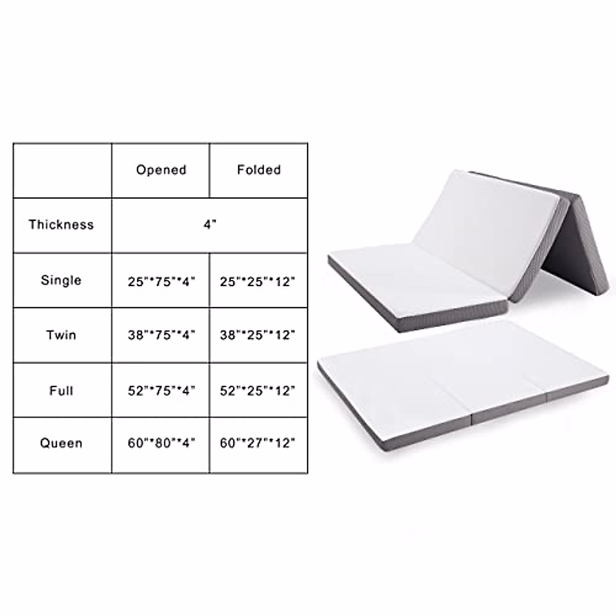 Kingfun Memory Foam Folding Mattress, 4 Inch Gel-Infused Foldable Floor Mattress, Breathable Tri-fold Mattress Topper with Bamboo Cover, Soft Folding Foldable Portable Floor Guest Bed (Single)