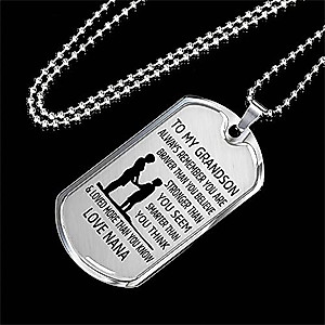 COMTRUDE From Nana to Grandson Stainless Steel Dog Tag Necklace, Always Remember You are Braver Pendant Necklace