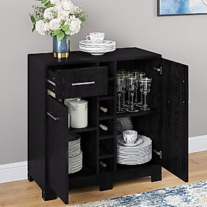 BELLEZE Wine Cabinet with Drawers, Storage Shelves and 6-Bottle Wine Rack, Sideboard Buffet, Coffee Bar, Cupboard for Dining Room, Kitchen, Living Room -Vietti (Light Black)