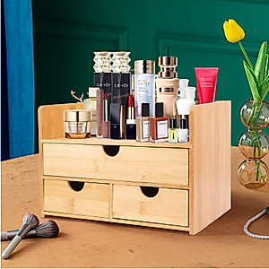 TOLONAG Large Bamboo Makeup Organizer with 1 Drawer and 2 Smaller Drawers, 100+1 Uses, Durable and Smooth