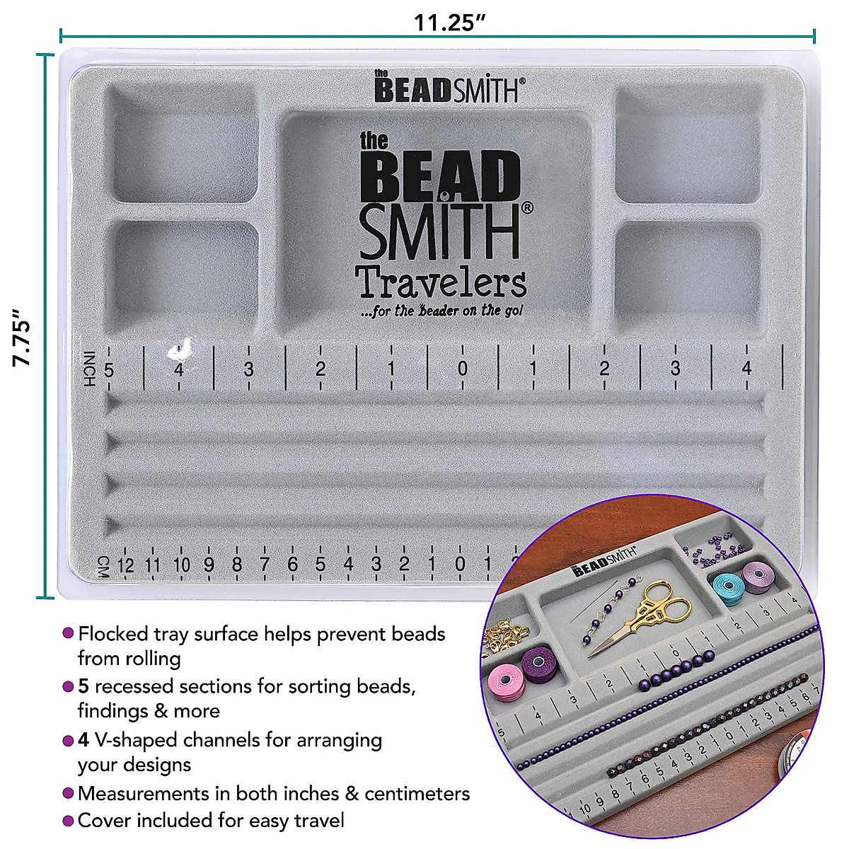 The Beadsmith Mini Bead Board, Grey Flocked, 4 Straight Channels, 5 Recessed Compartments, 7.75 x 11.25 inches, Design Boards for Creating Bracelets, Necklaces and Other Jewelry
