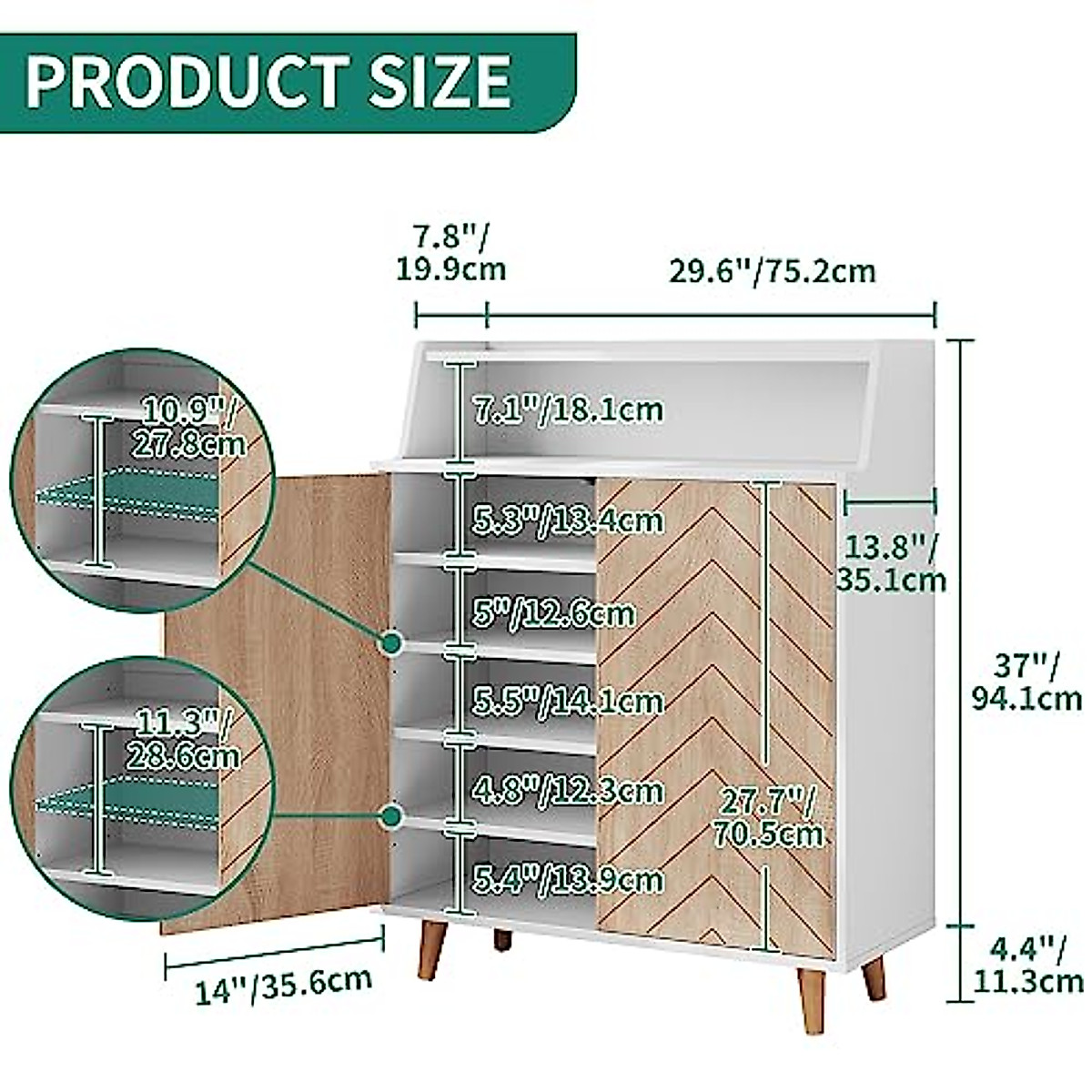 YITAHOME Shoe Cabinet with Doors, 5-Tier Shoe Storage Cabinet with Open Shelves, Large Capacity Wooden Shoes Rack Organizer with Pine Wood Legs for Entryway/Hallway/Closet, White