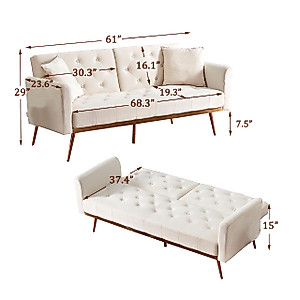 NoeBanJe Mid Century Modern Velvet LoveSeat Couches, Convertible Futon Sofa Bed with Metal Legs and Pillows, Adjustable Sleeper Sofa for Small Spaces, Bedroom Living Room (Beige)