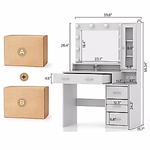 elifine Makeup Vanity Desk with Mirror and Lights, Modern Dressing Table Makeup Vanity Makeup Table with Drawer & 3 Lighting Modes for Women Girls (White with Charging Station)