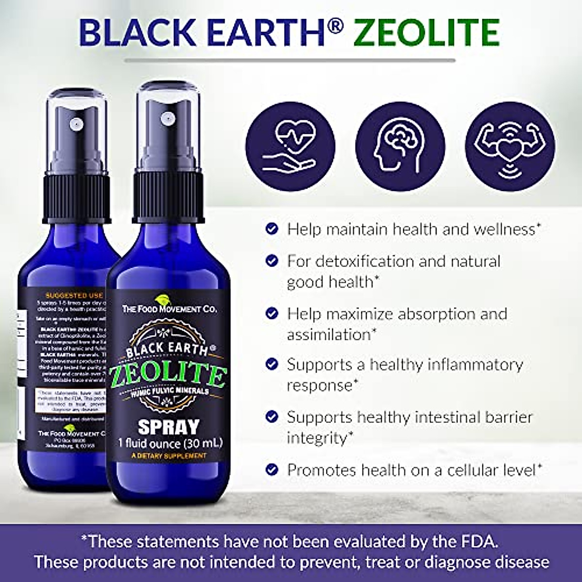 The Food Movement Black Earth Zeolite with Humic and Fulvic Acids and Trace Minerals for Detox, Digestion, Immunity, and More - Pump Spray Bottle