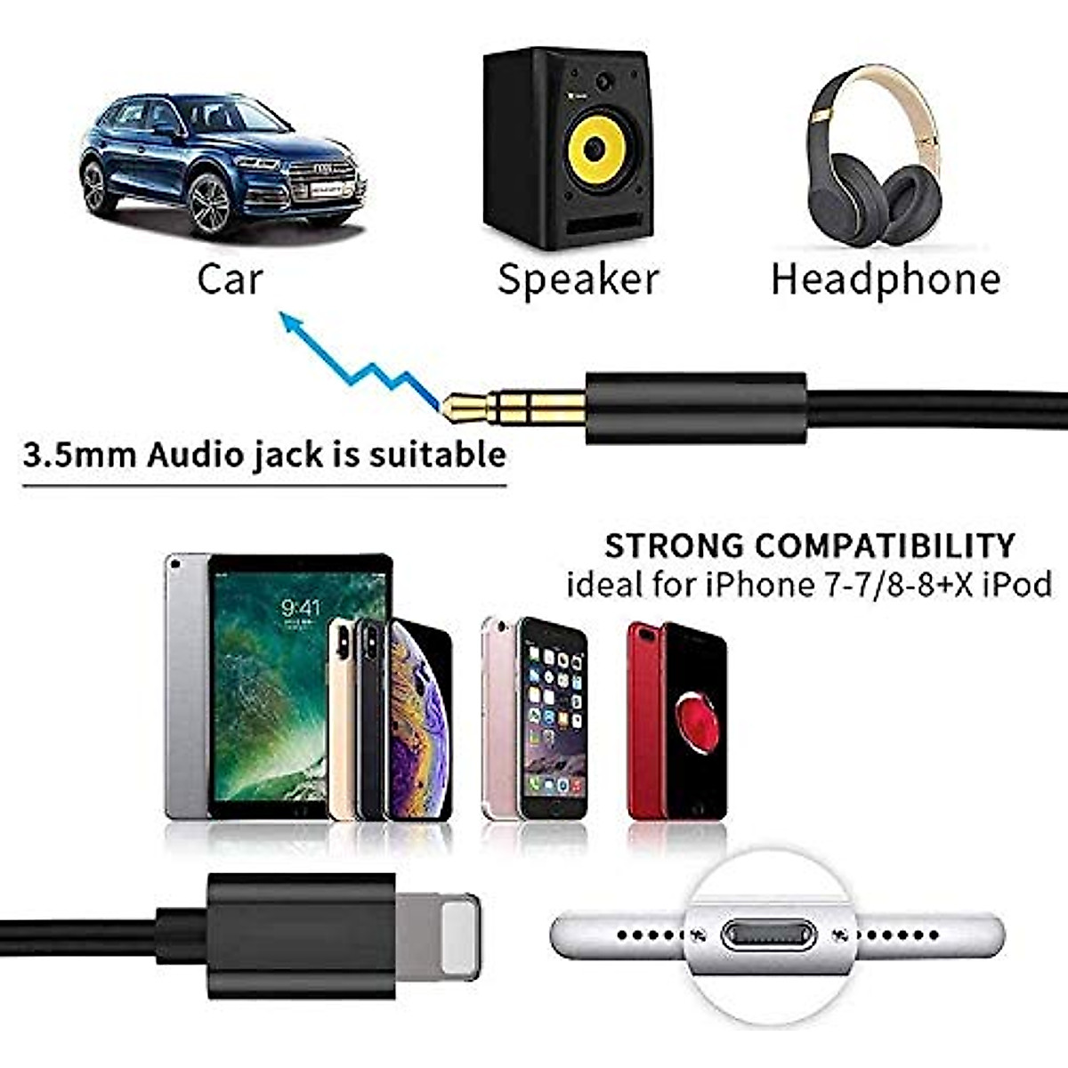[Apple MFi Certified] AUX Cord for iPhone,2 Pack Lightning to 3.5mm Aux Cable for Car Compatible with iPhone 12/11/XS/XR/X/8/7/iPad/iPod for Car/Home Stereo,Speaker,Headphone - 3.3ft White & Black