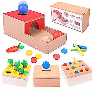 Ancaixin Montessori Wooden Toys for 1 Year Old Baby, 4 for 1 Set with Object Permanence Box, Coin Bank, Color Matching Stickers and Carrot Harvest Game, Educational Gifts for 6 Months Up
