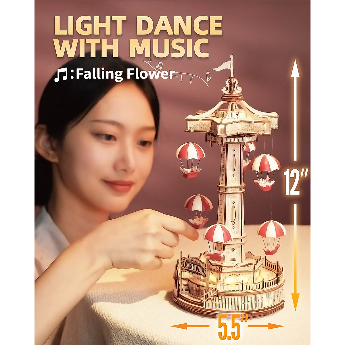 ROKR 3D Wooden Puzzles for Adults-LED Wooden Music Box Kits-Wood Model Kits to Build-3D Puzzles for Kids and Adults-Christmas STEM Toy Gifts