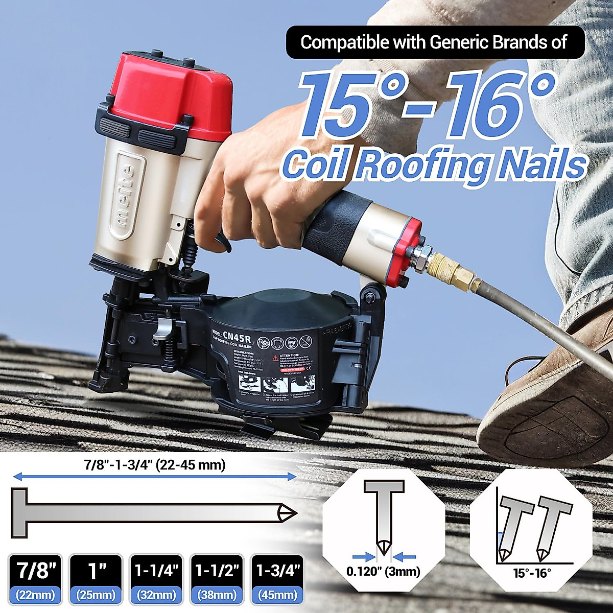meite Roofing Nailer, Pneumatic Coil Roofing Nail Gun, Compatible with 15 Degree 7/8" to 1-3/4" Coil Roofing Nails, Lightweight Roofing Tools with Adjustable Nail Depth, Safety Switch (CN45R)