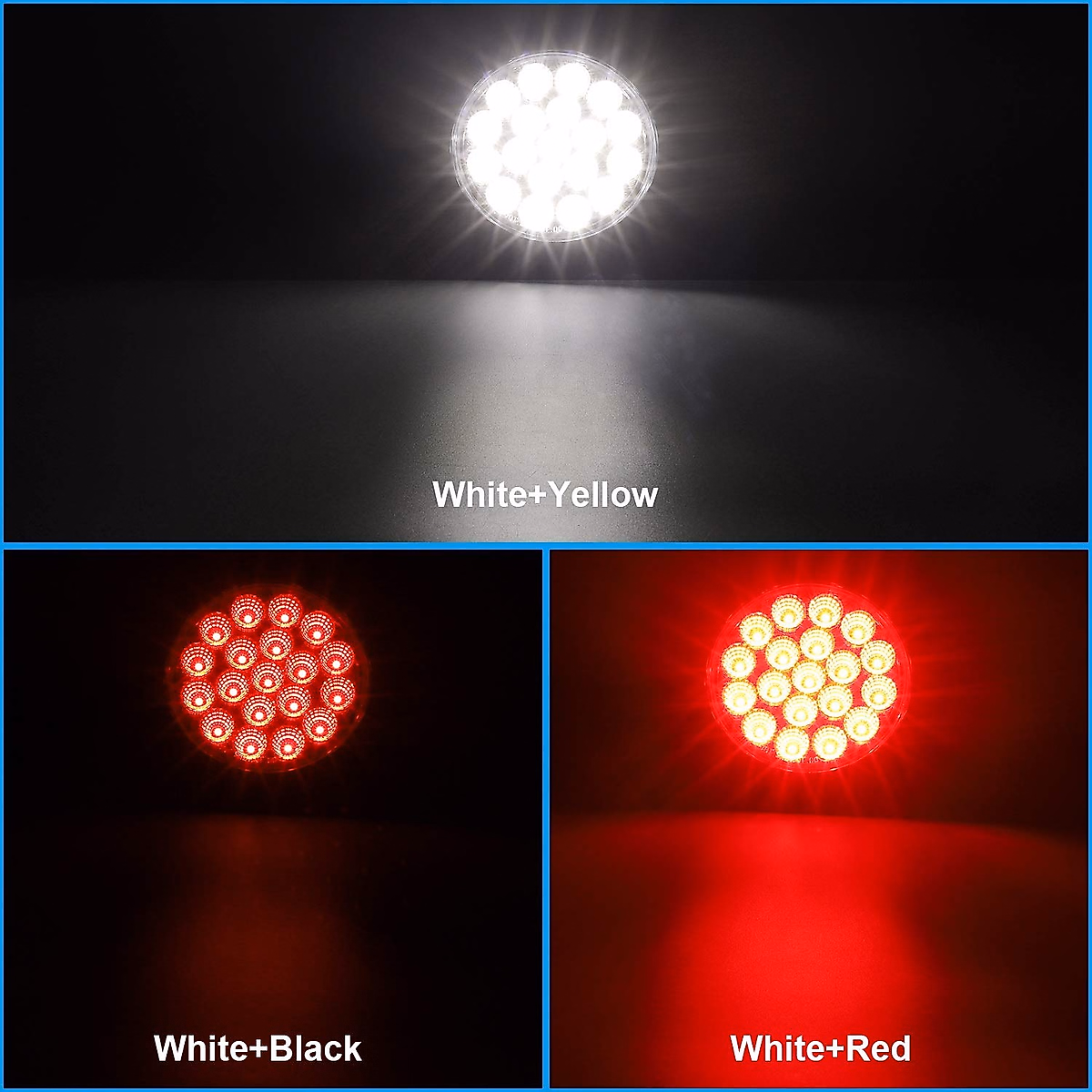 Partsam 2Pcs 4 Inch Round Red Stop Turn Tail Lights and White Backup Lights Kit 19 Diodes w/Rubber Grommets & 3-Prong Wire Pigtails, Red/White Round Led Truck Trailer Tail Lights and Reverse Lights