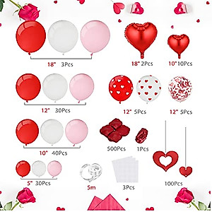 Auihiay 125 PCS Valentine's Day Balloon Arch with 500 Rose Petals, 100 Hanging Heart Garland, Red Heart Balloons, Pink White Red Balloons for Valentine's Day Anniversary Wedding Party Home Decorations
