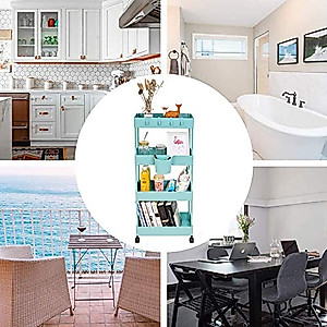 OVAKIA 4-Tier Slim Rolling Utility Cart Storage Shelves Trolley Storage Organizer Shelving Rack with Mesh Baskets/Wheel Casters for Laundry Pantry Bathroom Kitchen Office Narrow Places(Teal)