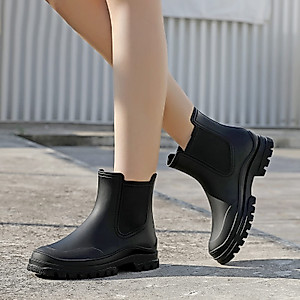 Hsttgsr Women's Rain Boots, Comfortable Elastic Adult Ankle Booties, Fashion Mid Heel Chelsea Boots, Waterproof Non-Slip Chunky Platform Lug Sole Short Garden Boots