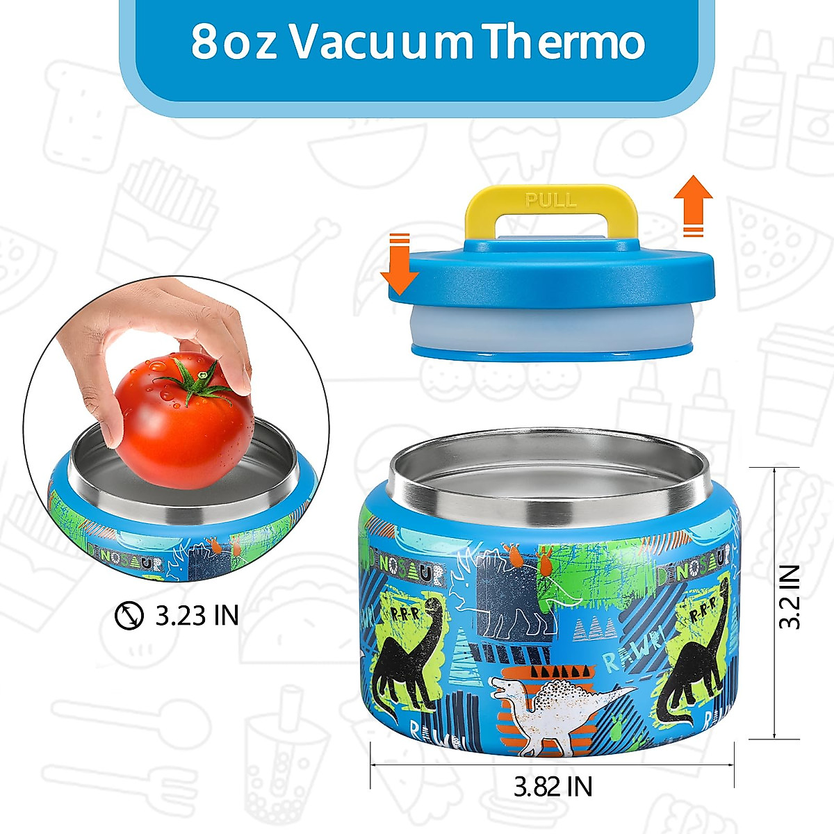MAISON HUIS 8oz Soup Thermo Wide Mouth Vacuum Insulated Thermo Food Jar, Leak Proof Stainless Steel Food Thermo for Hot&Cold Food Kids Food Lunch Soup Container for School Travel (F-Blue-Dinosaur)