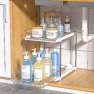 Delamu 2-Tier Multi-Purpose Bathroom Cabinet Organizer, Pull Out Under Sink Organizers and Storage, Stackable Pantry Organization and Storage, Clear Under Cabinet Storage with Movable Dividers