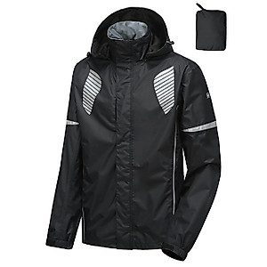 Little Donkey Andy Men's Waterproof Cycling Rain Jacket Reflective Rain Shell Coat Outdoor Packable Windbreaker Removable Hood Raincoats for Running,Hiking,Golf,Travel Black XL