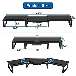 AQQEF Dual Monitor Stand Riser, Adjustable Length and Angle, Computer Monitor Desk Shelf with USB3.0 and Slot for Tablet and Cellphone, Wooden Desktop Oraganizer Stand for 2 Monitors
