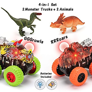 Monster Truck Toy Set - 2 Dinosaur Trucks + 2 Realistic Toy Dinosaurs - Red Lights & Roaring Sounds - Mobius Friction Powered Push & Go Playset Up to 100-Ft for Boys and Girls 3 4 5 6 7 8 Years Old