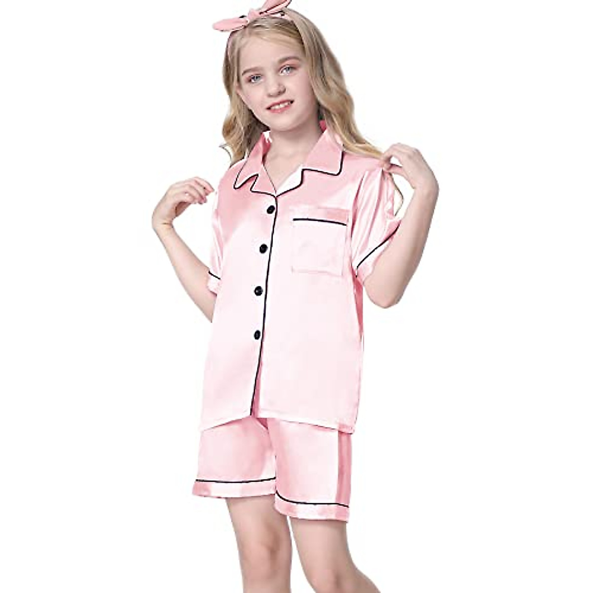 Women's Satin Pajamas Set, Short Sleeve Button Down Shirt Top + Elastic Waist Shorts Sets Summer Pajamas for Women, A Pink, US XS