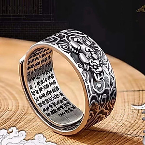 Renning Feng Shui Rings for Men Women Wealth Lucky Amulet Ring Open Adjustable Ring Sterling Silver Ring (Pixiu)