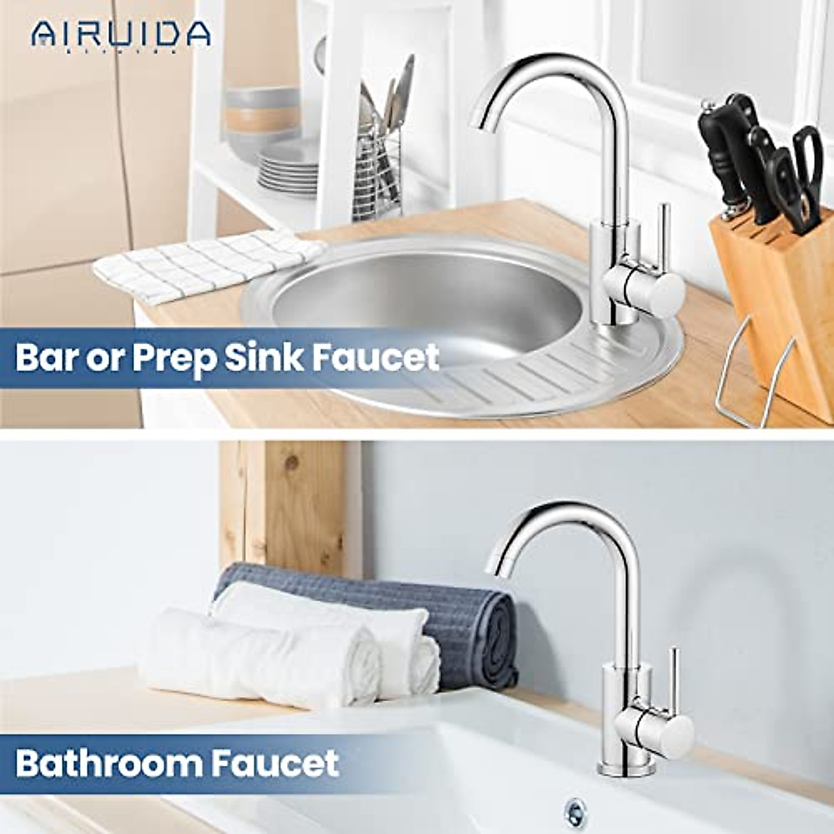 Airuida Chrome Polish Wet Bar Sink Faucet Single Handle Farmhouse Kitchen Small RV Bathroom Faucet Deck Mount Vanity Lavatory Mixer Tap One Hole 360 Degree Swivel Spout with Supply Hoses