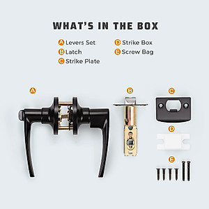 KNOBWELL 6 Pack Door Handles Black Inside Bedroom Door Knobs with Straight Lever, Interior Door Handle for Privacy Use(Lock with NO Key)