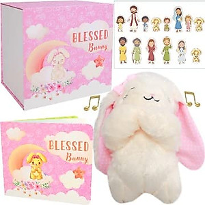 Musical 6pc Gift Set- Baptism Gifts for Girls. Christening / Dedication Gift Set Includes 6pc Musical Praying Bunny Plush Toy, Baby Prayer Storybook, Story Characters Stickers, Card and Keepsake Box