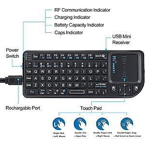 Rii 2.4G Mini Wireless Keyboard with Touchpad Mouse,Lightweight Portable Controller with USB Receiver Remote Control for Windows/ Mac/ Android/ PC/Tablets/ TV/Xbox/ PS3. X1-Black .