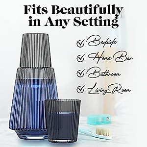 American Atelier Vintage Bedside Water Carafe with Tumbler – 37 Oz Ribbed Pitcher and Matching Drinking Glass Doubles as Lid for Guest Room, Office, or Gift, 4.5”x 9.25" (Gray)