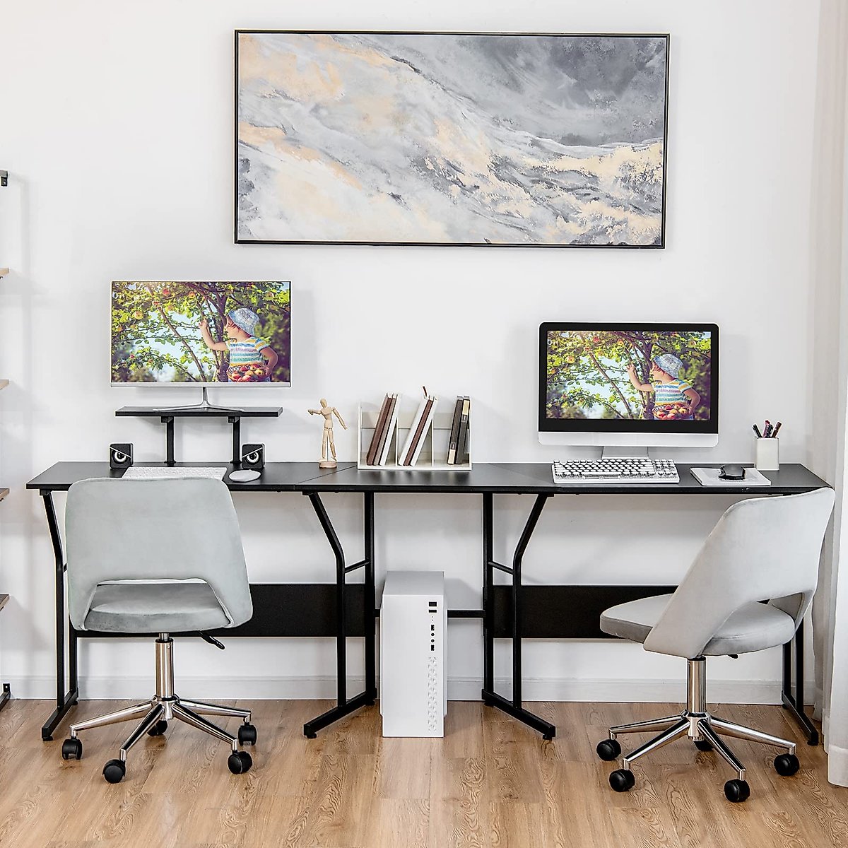 Tangkula L-Shaped Reversible Computer Desk, 2 Person Long Computer Workstation w/Movable Monitor Stand, Large Home Office Corner Desk for Working Writing Gaming (Natural)
