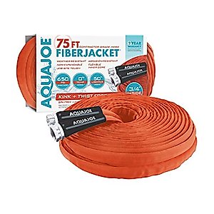 Aqua Joe AJFJH75-34-CTR Kink-Free Contractor Grade FiberJacket Garden Hose, 3/4-in Max. Water Flow, 650-PSI Burst Rating, BPA/Phthalate, Drinking Safe, For Garden, Auto Care, 75Ft, Orange