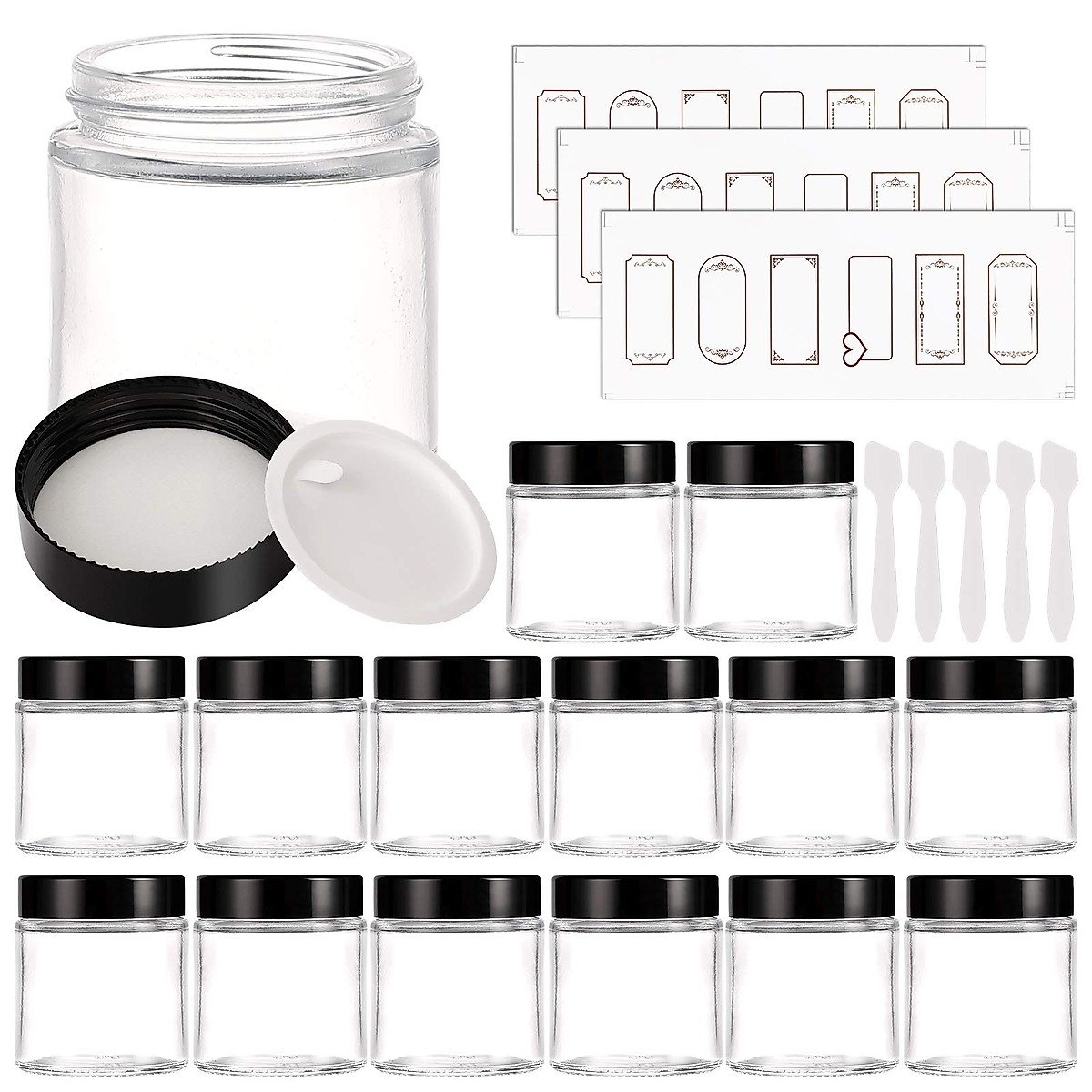 15 Pack 4 oz Clear Glass Jars with Lids, Round Empty Containers for Scrubs, Lotions, Cosmetic, Ointments and Butters, Travel Storage Jar with White Inner Liners £¬Black Lids, lables and Spatulas
