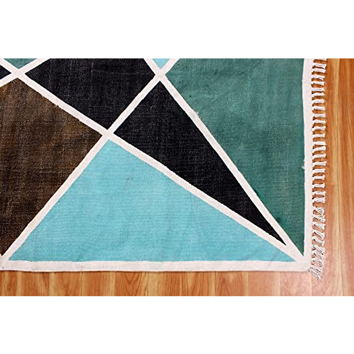 Casavani Hand Made Cotton Dhurrie Geometric Blue & Brown Tassel Rug Easy Care Washable Rugs for Doormat Entryway Living Room Bedroom Hallway Balcony 5x7 Feet