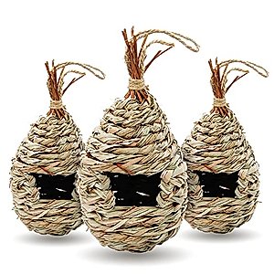 Gute Hummingbird Houses for Outside Hanging, Natural Grass Hanging Bird Hut, Hand Woven Hummingbird Nest, Large Wren Finch Bird House for Garden Window Outdoor Home Decoration, 3 Pack