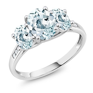 Gem Stone King 10K White Gold Sky Blue Aquamarine and White Diamond Oval 3-Stone Engagement Ring For Women (2.20 Cttw, Gemstone March Birthstone, Available In Size 5, 6, 7, 8, 9)