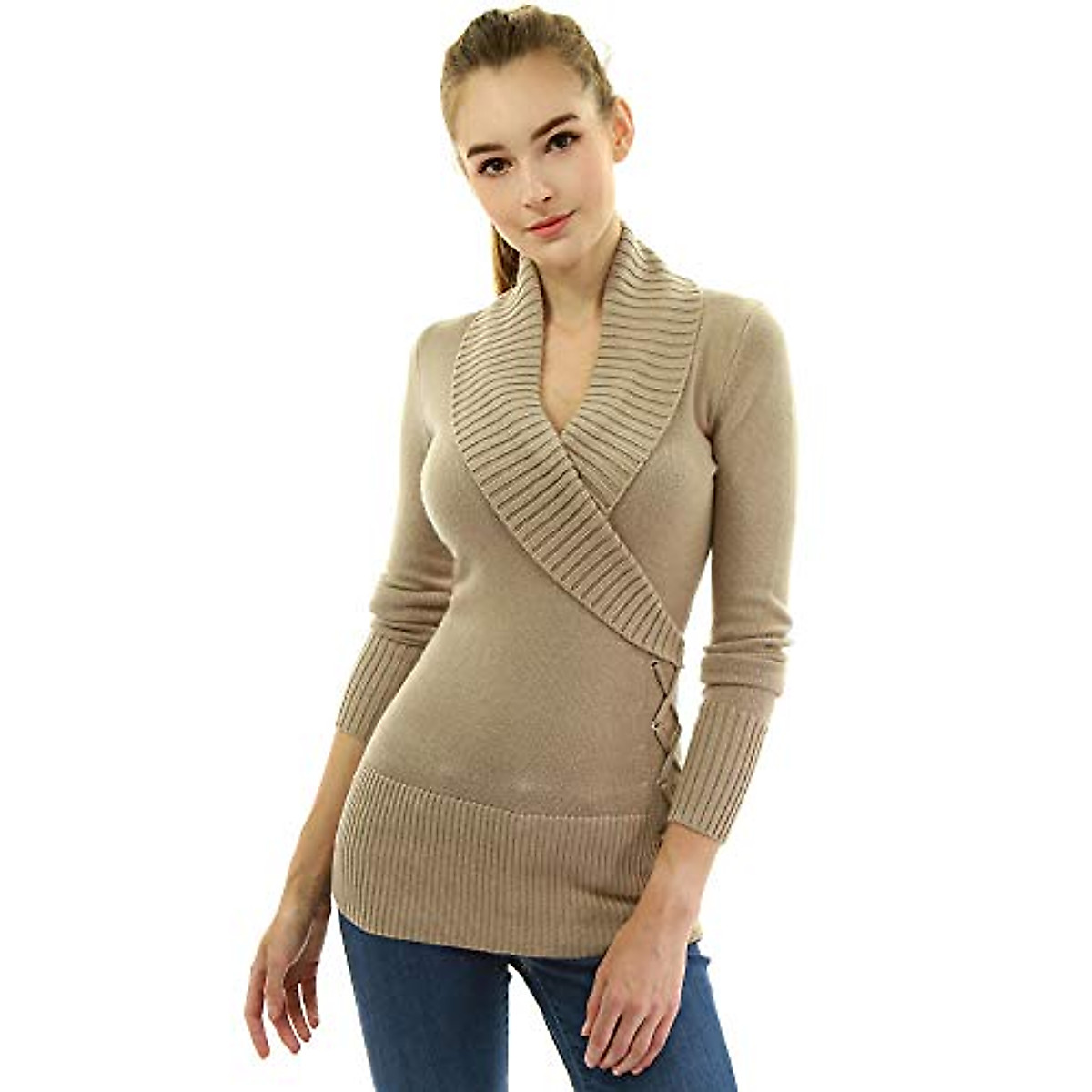 AmélieBoutik Women Shawl Collar Faux Wrap Lace Up Long Sleeve Sweater (Deep Beige X-Small)