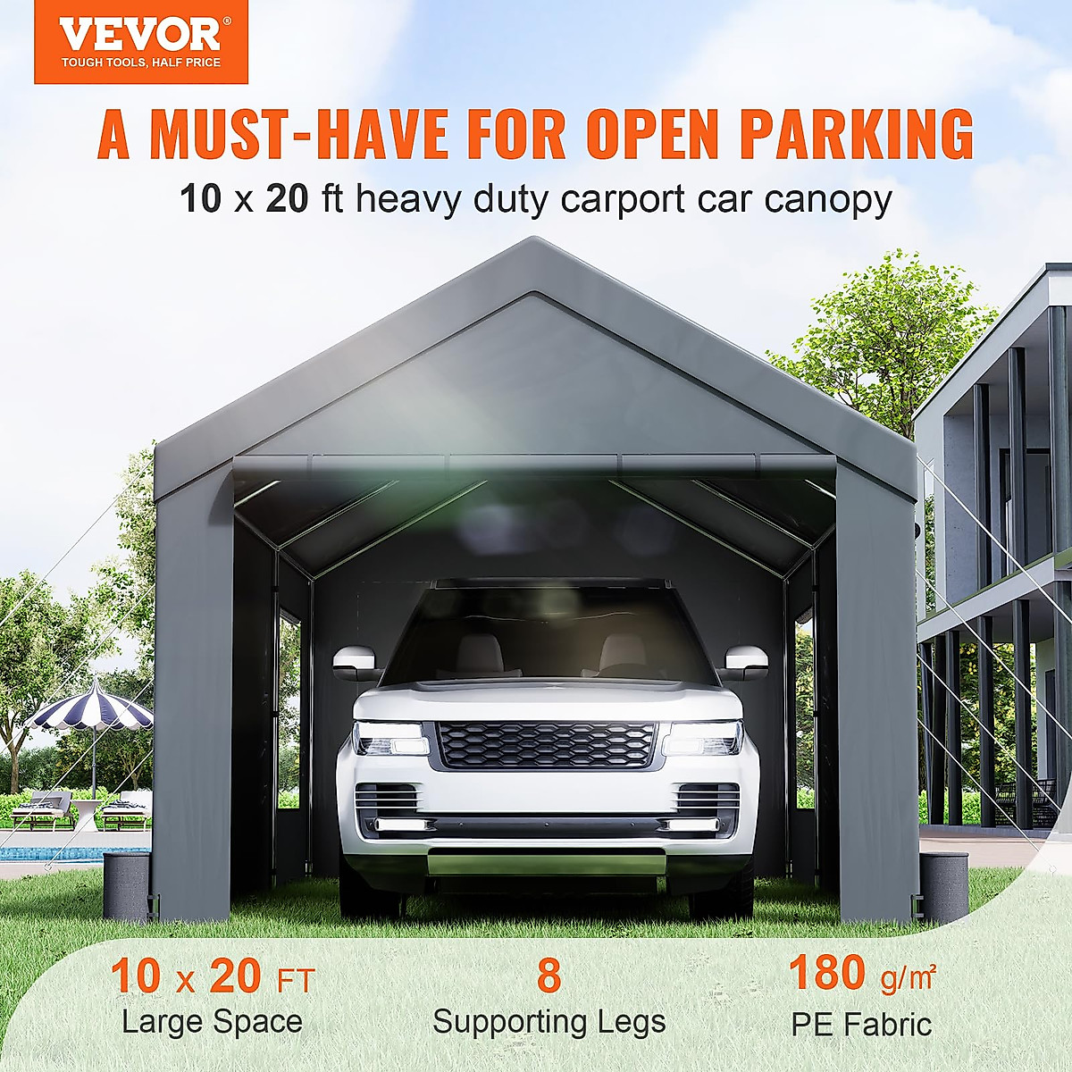 VEVOR Carport, 10x20 ft Heavy Duty Portable Garage with Roll-up Windows & Removable Sidewalls, UV Resistant Waterproof All-Season Car Canopy for SUV, Car, Truck, Boat