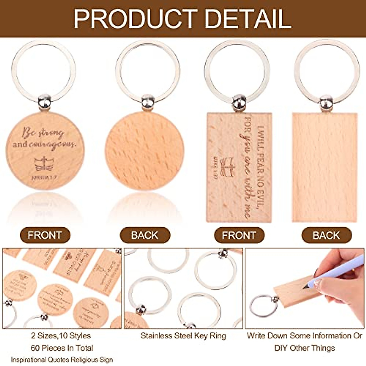 craftshou 60 Pack Bible Inspirational Keychains Wooden Bible Verse Bulk Key Chain Christian Quotes Sign Wood Keyrings Church Faith Gifts for Prayer Easter Party Favors Inspirational Engraved Gift