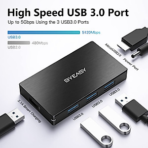 Universal Powered USB Hub, BYEASY Aluminum 3 Ports USB 3.0 Hub and 1 USB Smart Charging Port with Power Adapter, Slim USB Splitter for iMac Pro, MacBook Air/Mini, PS5, Surface Pro, Notebook PC, HDD