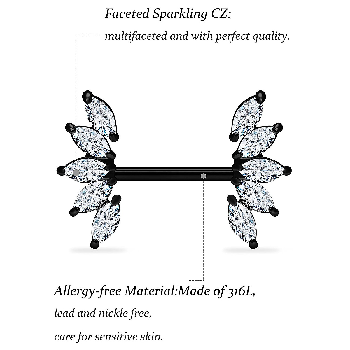 Vsnnsns 14G Nipple Rings for Women Stainless Steel Skull Nipple Rings CZ Nipple Piercing Jewelry Nipple Rings Surgical Steel Nipple Jewelry Barbell Body Piercing Jewelry Black