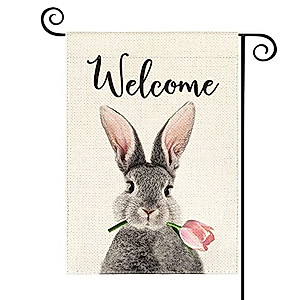 AVOIN colorlife Welcome Rabbit Garden Flag 12x18 Inch Double Sided, Spring Easter Bunny Tulip Holiday Yard Outdoor Decoration