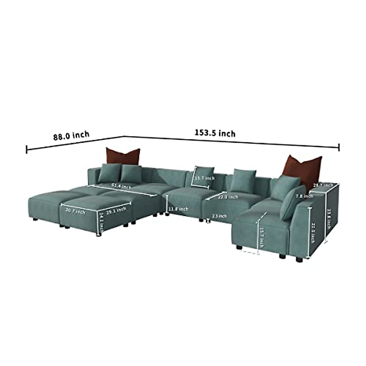 LLappuil Modern Modular Sectional Sofa Set, Low Back Minimalist Style Couch with Ottoman, Soft Fabric 10 Seater Oversized 153.5" U Shaped Sofa for Living Room, Aqua Blue