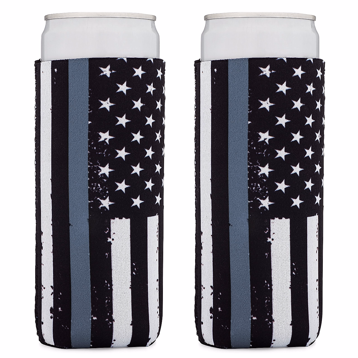 Great 1 Products Thin Grey-Gray-Silver Line Collapsible Beer and Seltzer Can Beverage Cooler Sleeves - 2 Pack Tall Slim Size 12 oz 3mm Thick Insulated Neoprene Correctional Officer, Grey