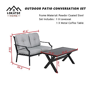 LOKATSE HOME Outdoor Loveseat and Coffee Table Metal Conversation Set Patio Furniture with Cushions for Poolside Backyard Lawn, Grey
