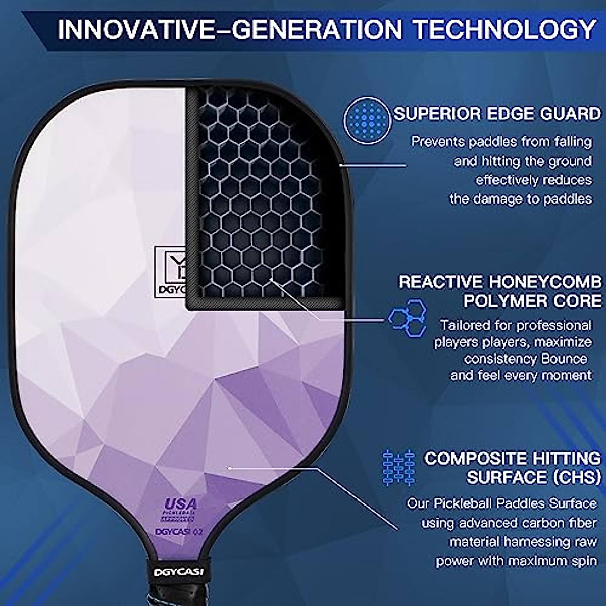 Graphite Pickleball Paddles Set of 4, 2023 USAPA Approved, Carbon Fiber Surface (CHS), Polypropylene Lightweight Honeycomb Core, 3 Indoor 3 Outdoor Pickleball, 4 Replacement Soft Grip + Bag