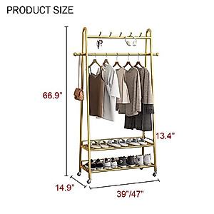 BOTAOYIYI Clothes Rack Gold, Freestanding Coat Rack Modern Rolling Garment Rack with Wheels and Bottom Shelves, Industrial Heavy Duty Pipe Clothing Rack Wardrobe Closet for Boutique Display (39.4")
