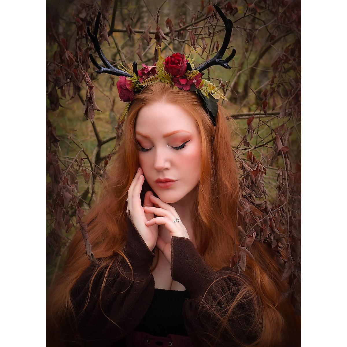 MOSTORY Handmade Dark Antler Flower Headband Fairy Floral Headpiece Black Horns Hairband Medieval Woodland Crown for Renaissance Festival Cosplay Halloween Wedding Fae Ball Masquerade
