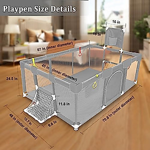 Large Baby Ball Pit Sturdy Play Pen/ Yard W/Basketball Hoop for Babies and Toddlers Children's Fence Play Area, Indoor Outdoor Kids Activity Center, Infant Safety Gates (Grey)