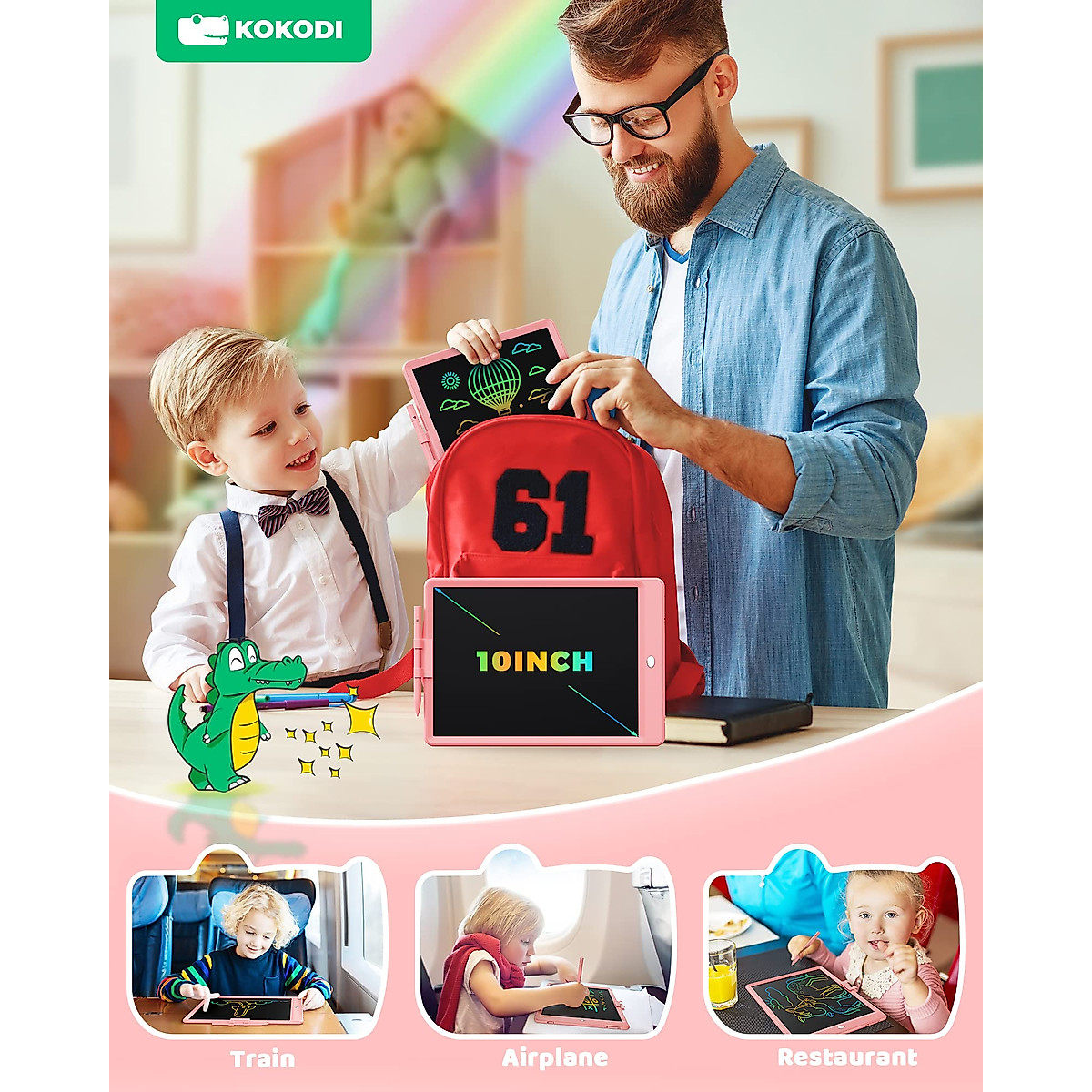 KOKODI LCD Writing Tablet, 10 Inch Colorful Toddler Doodle Board Drawing Tablet, Erasable Reusable Electronic Drawing Pads, Educational and Learning Toy for 3-6 Years Old Boy and Girls